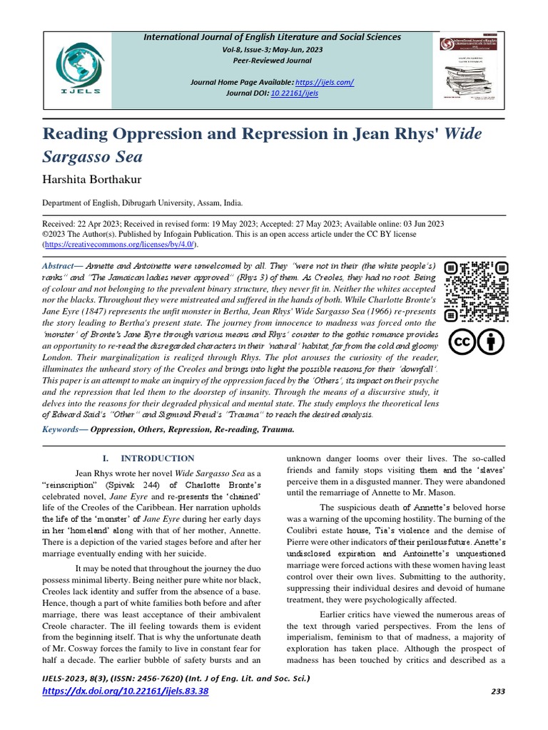 Reading Oppression and Repression in Jean Rhys' Wide Sargasso Sea | PDF | Jane Eyre | Hysteria