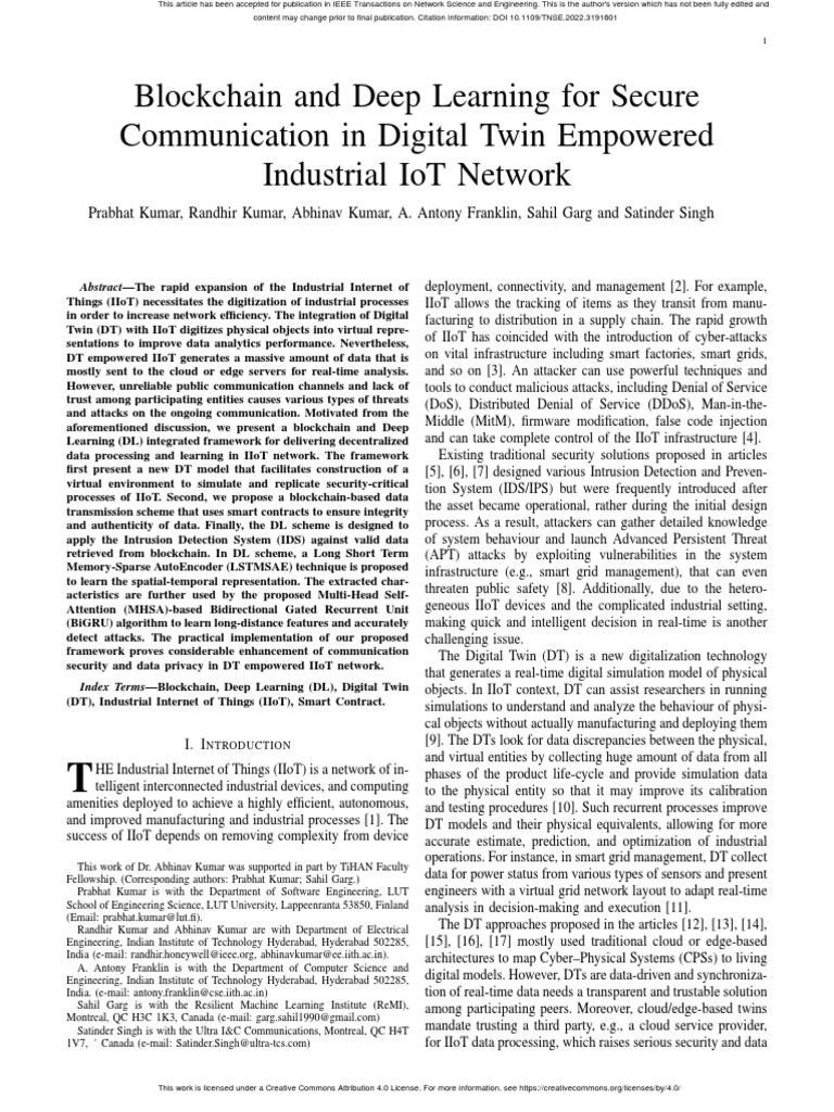 Blockchain and Deep Learning For Secure Communication in Digital Twin Empowered Industrial IoT ...