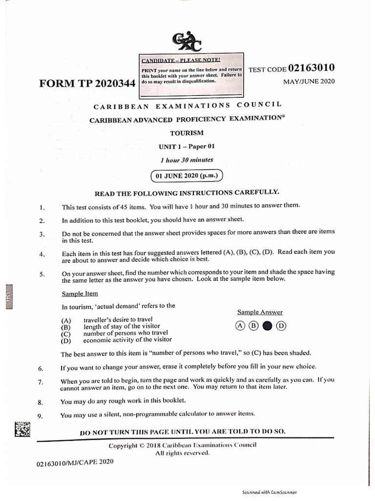 2020 Tourism Unit 1 P1 | PDF