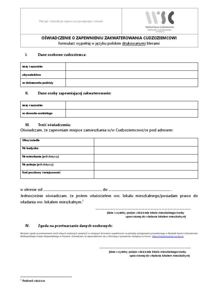 Oswiadczenie o Zapewnieniu Zakwaterowania | PDF