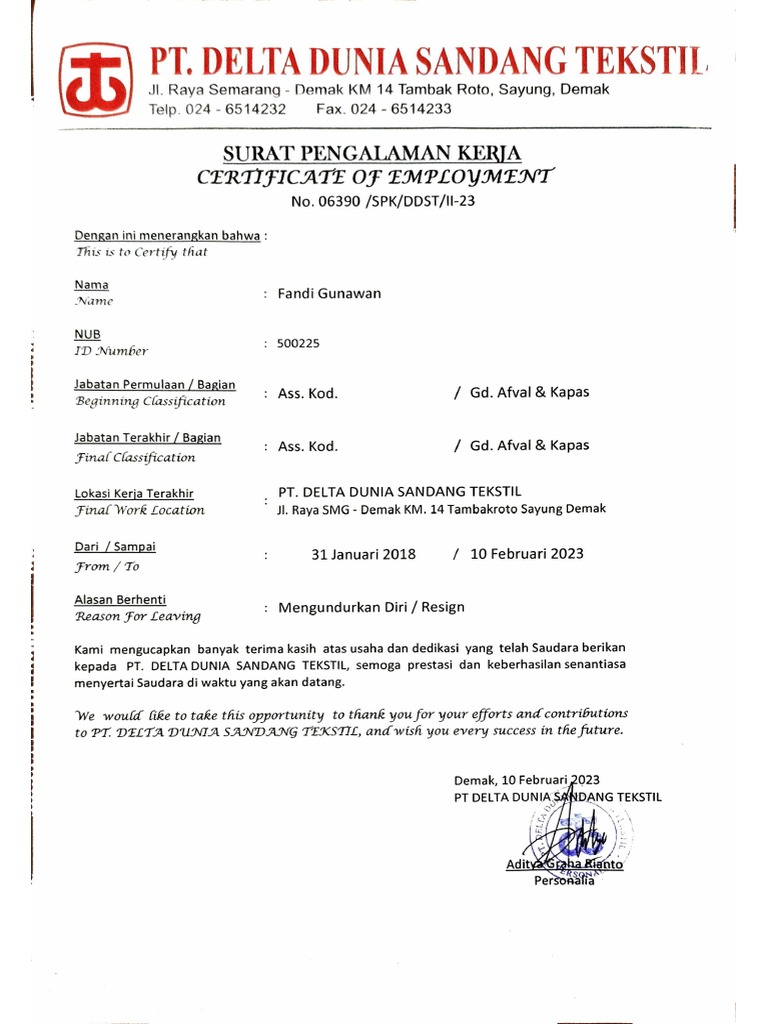 Keterangan Pengunduran Diri Dari Pemberi Kerja Tempat Peserta Bekerja ...