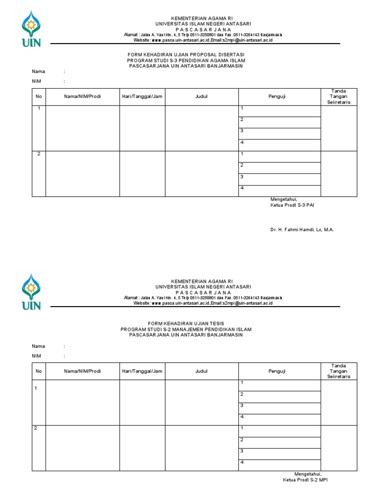 Form Kehadiran Ujian Proposal Tesis (Mpi) | PDF Form Kehadiran Ujian Proposal Tesis (Mpi) | PDF