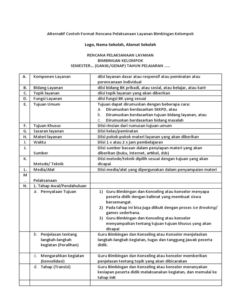 Alternatif Contoh Format Rencana Pelaksanaan Layanan Bimbingan Kelompok ...