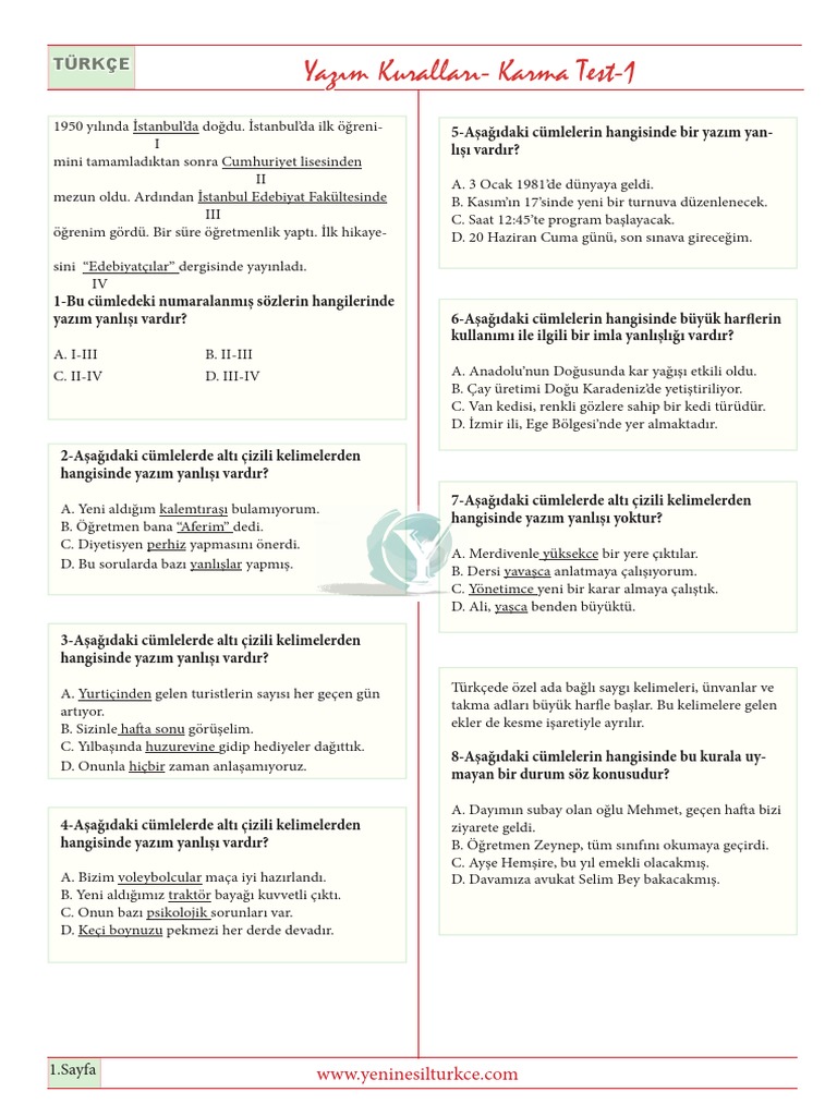Yazim Kurallari Karma Test 1 | PDF