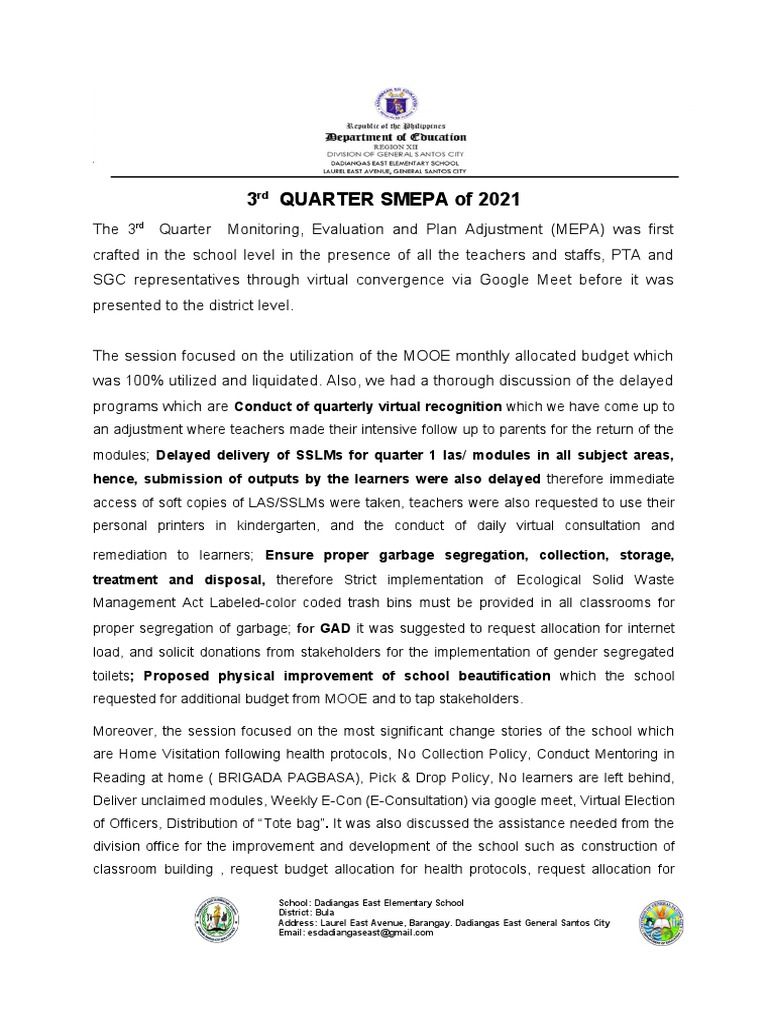 3rd QUARTER SMEPA of 2021 Synthesize Report | PDF | Wellness