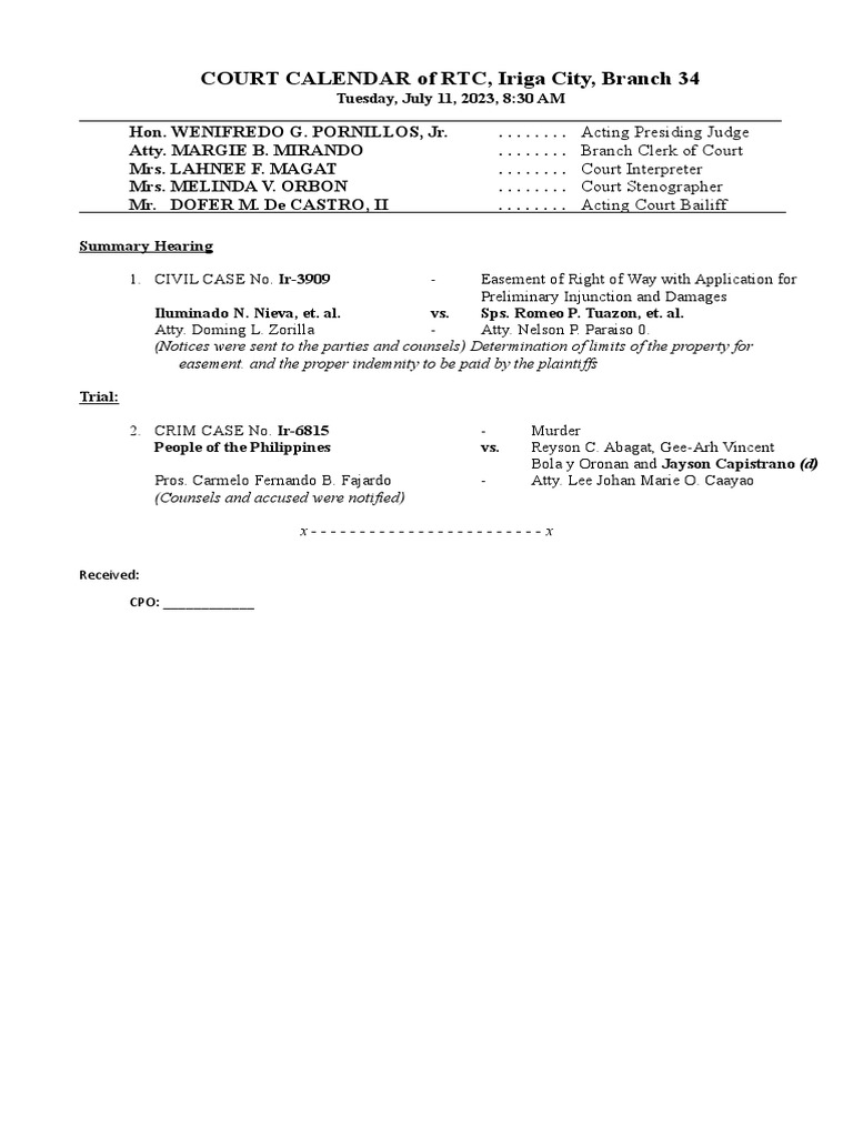 July 11 Draft Court Calendar | PDF | Law