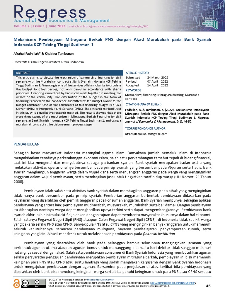 Mekanisme Pembiayaan Mitraguna Berkah PNS Dengan Akad Murabahah Pada Bank Syariah Indonesia KCP ...