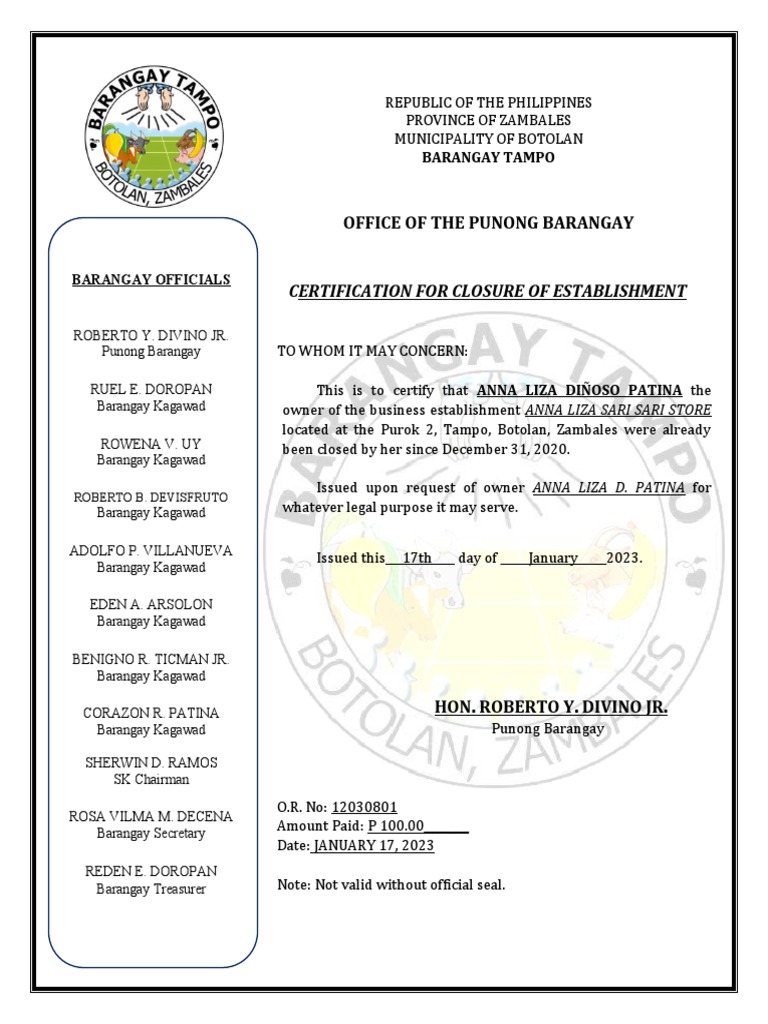 Certificate of Disclosure - ANNA LIZA SARI SARI STORE January 17, 2023 | PDF