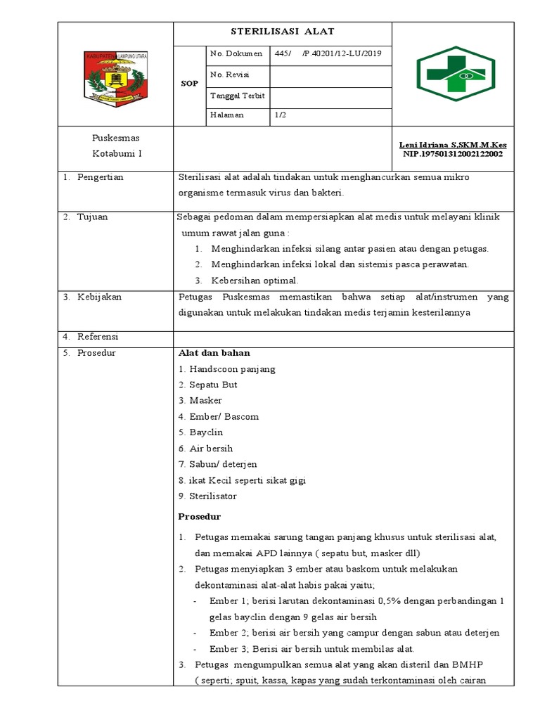 Sop Sterilisasi Alat | PDF