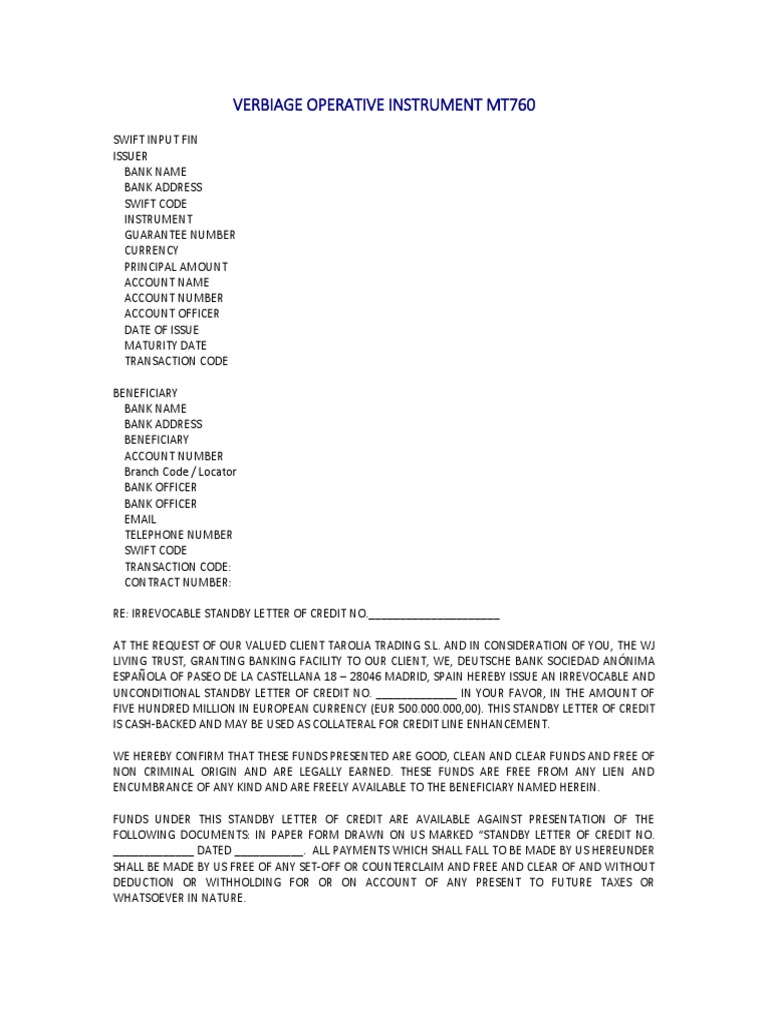 VERBIAGE SBLC MT760 Sample | PDF