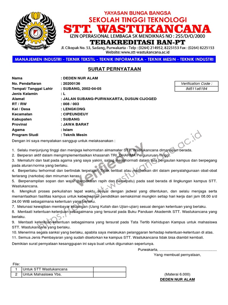 PMB - Stt-Wastukancana - Ac.id SuratPernyataan20200136 | PDF