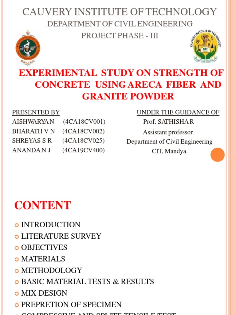 Cauvery Institute of Technology: Experimental Study On Strength of Concrete Using Areca Fiber ...