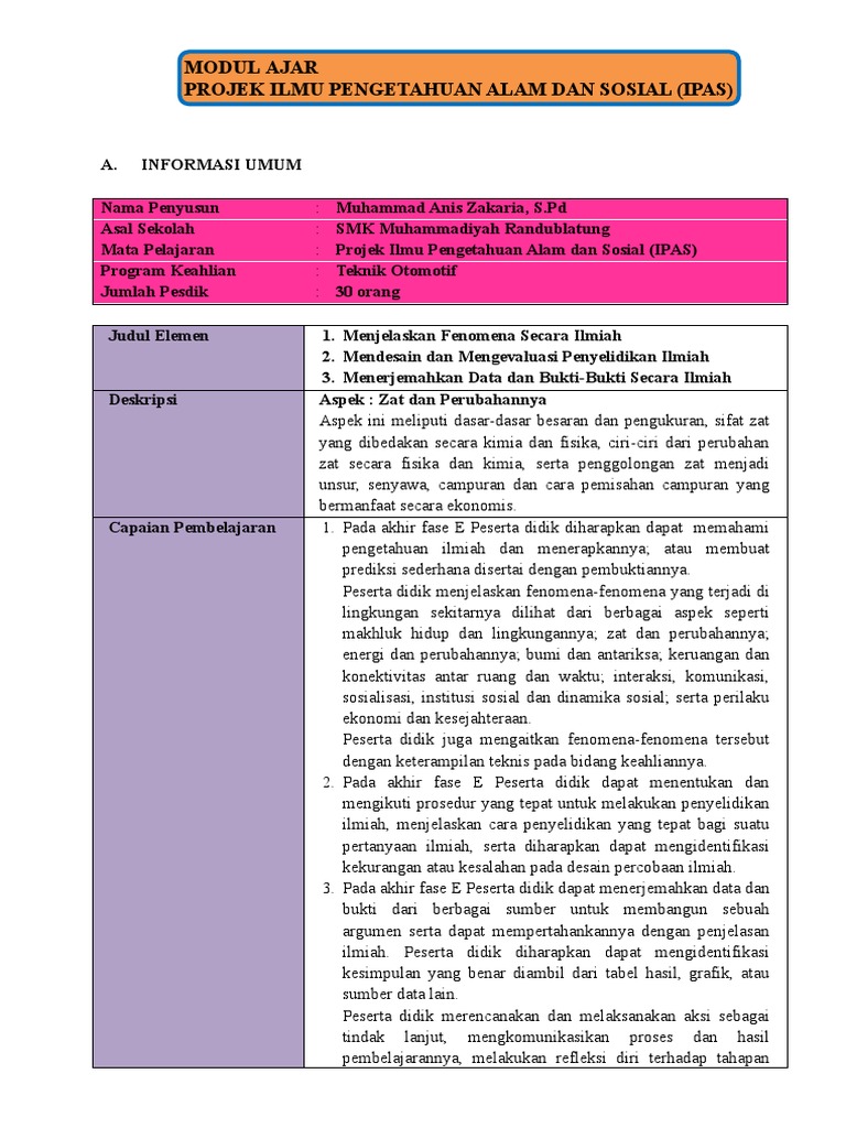 3. Modul Ajar_projek Ipas_zat Dan Perubahannya_anis_2022 | PDF