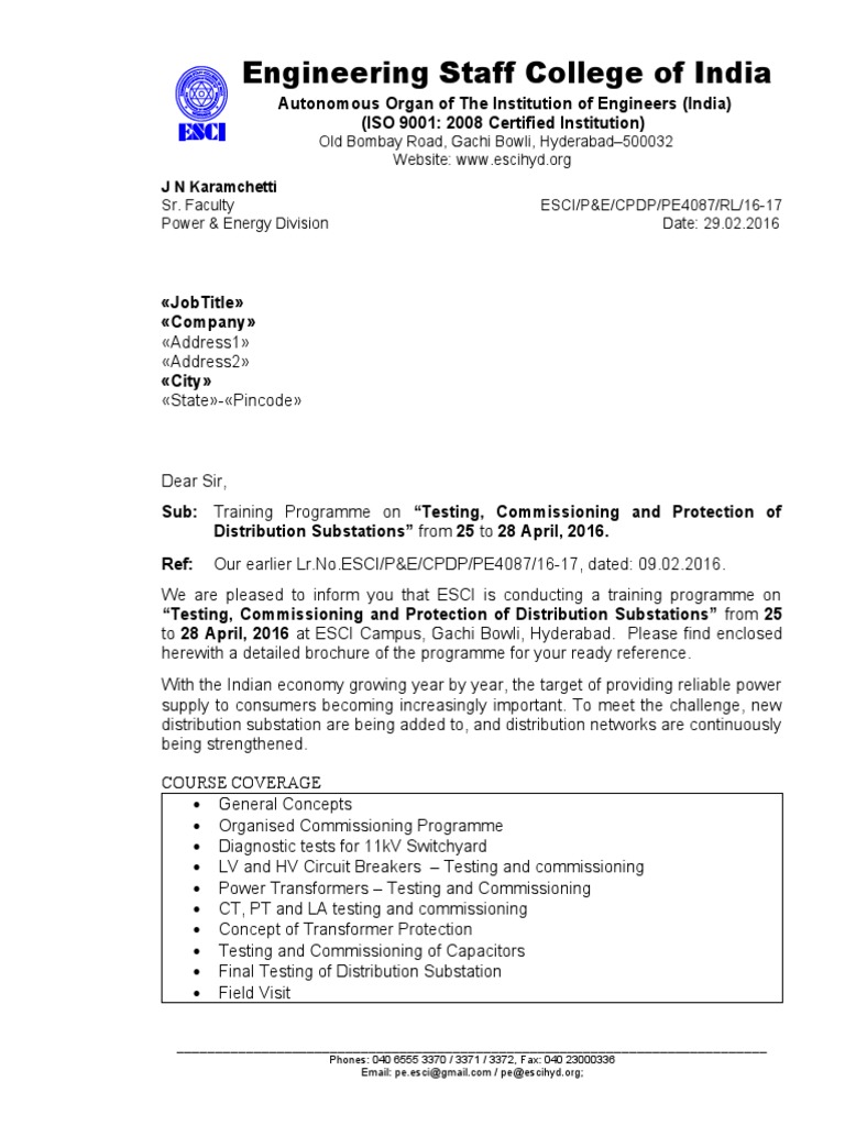 Remind Letter - Testing and Commissioning & Protection of Distribution ...