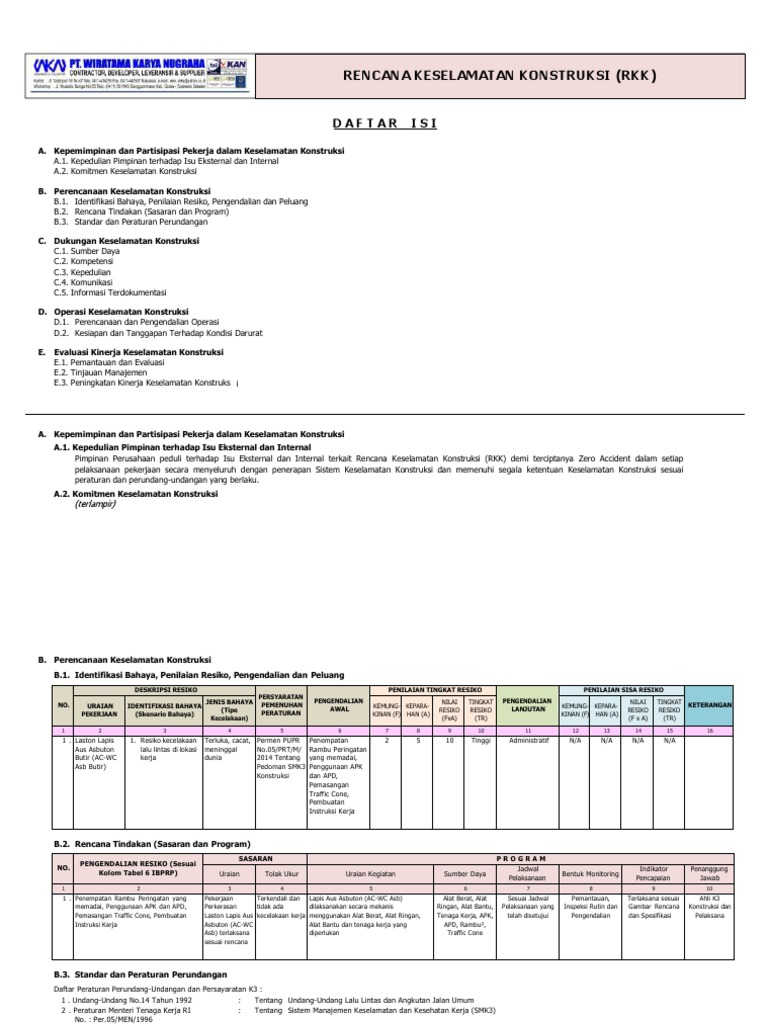Rencana Keselamatan Konstruksi (RKK) : Daftar Isi | PDF