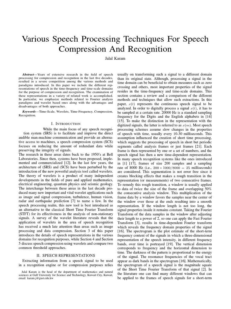 Various Speech Processing Techniques For Speech Compression & Recognition (Jalal Karam) | PDF