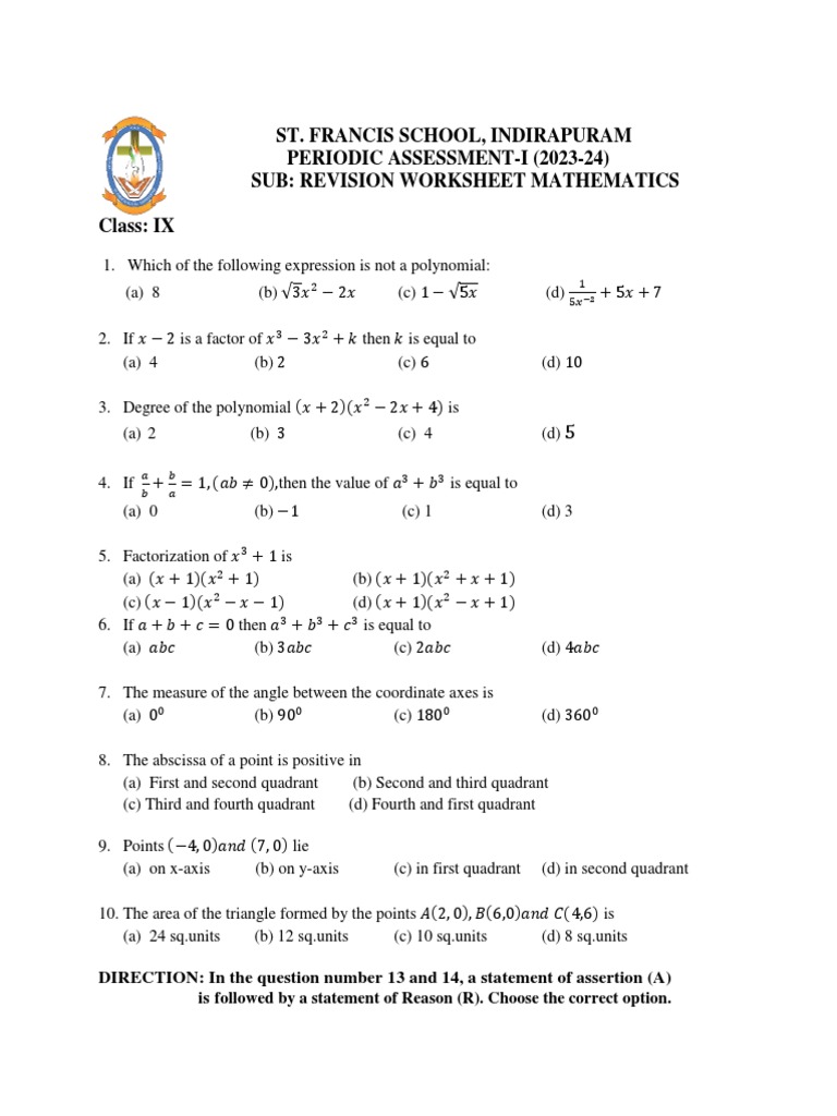 Maths_Class_9_PA1_Revision_Worksheet1 (1) | PDF | Cartesian Coordinate ...