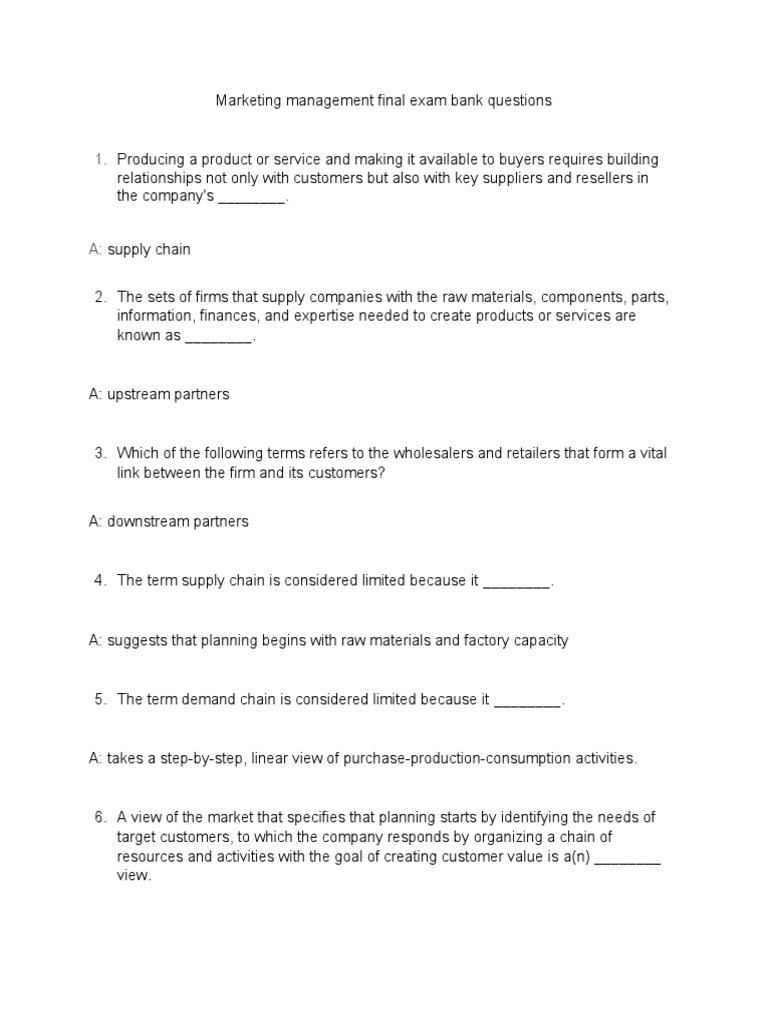 Marketing Management Final Exam Bank Questions | PDF