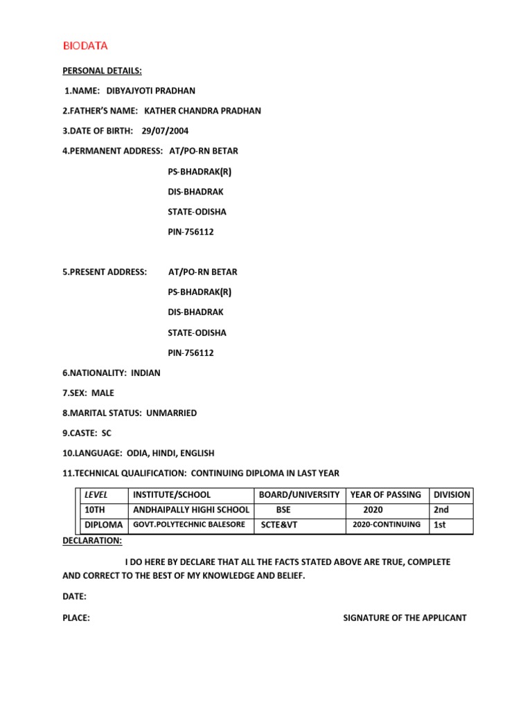 Bio Data Resumes | PDF