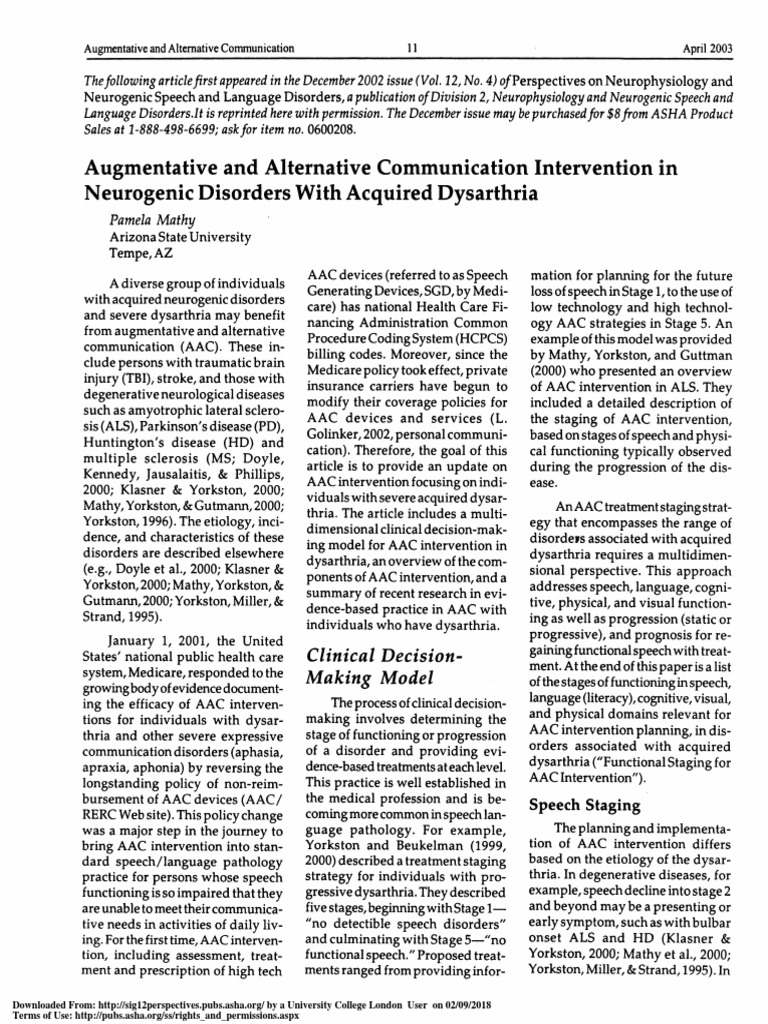 Augmentative & Alternative Communication Intervention in Neurogenic Disorders With Acquired ...