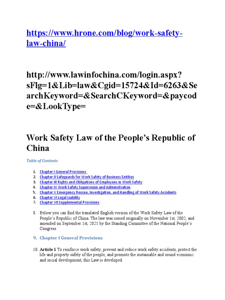 China's Work Safety Law Overview | PDF | Occupational Safety And Health ...