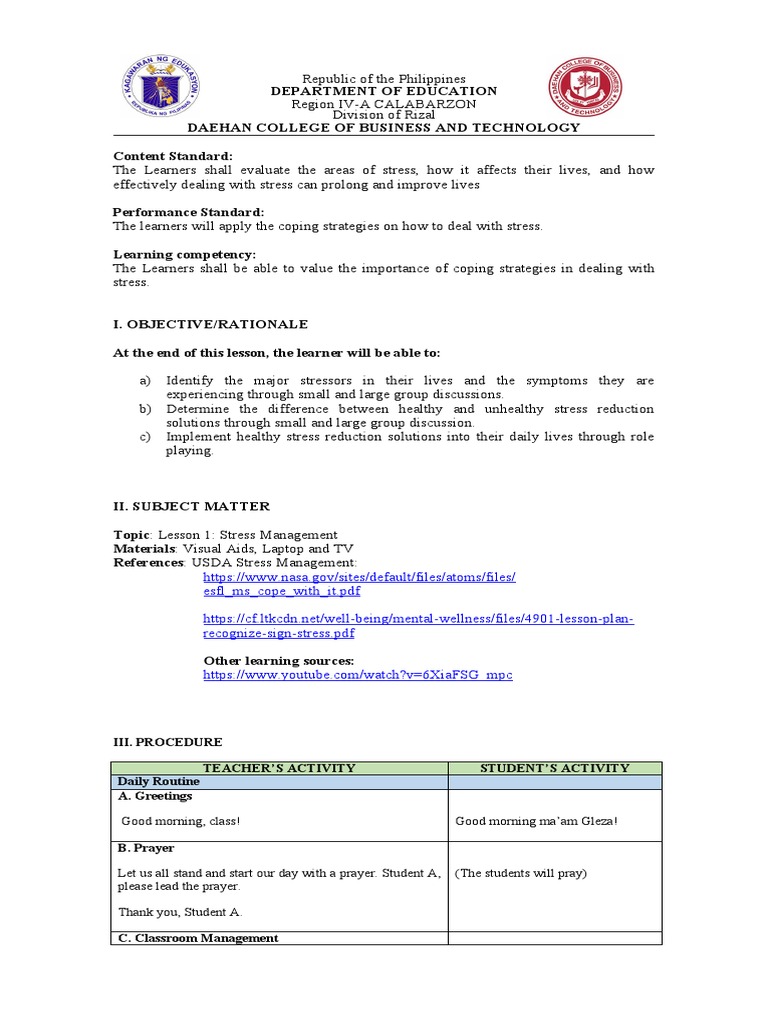 Stress Lesson Plan | PDF | Stress Management | Stress (Biology)