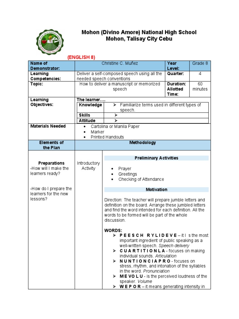 Lesson Plan 8 (Speech Delivery) | PDF