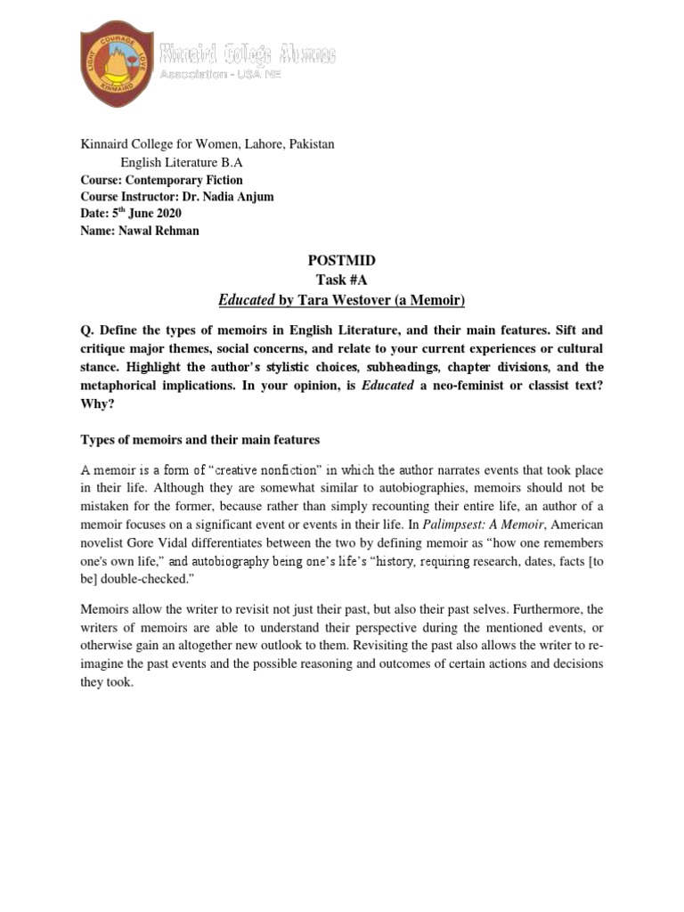 Educated by Tara Westover As A Memoir | PDF | Mental Disorder | Writers