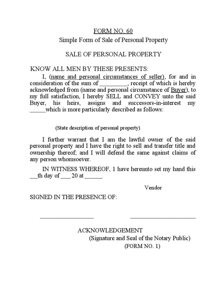 FORM NO. 60 Simple Form of Sale of Personal Property | PDF