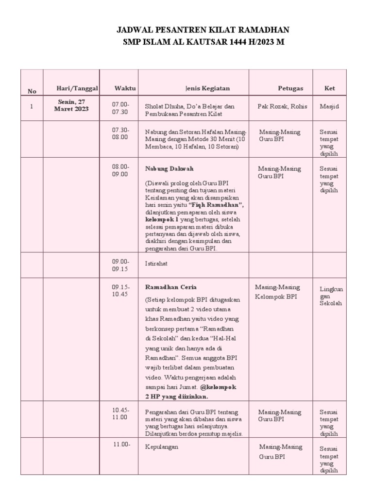 Susunan Acara Pesantren Kilat | PDF