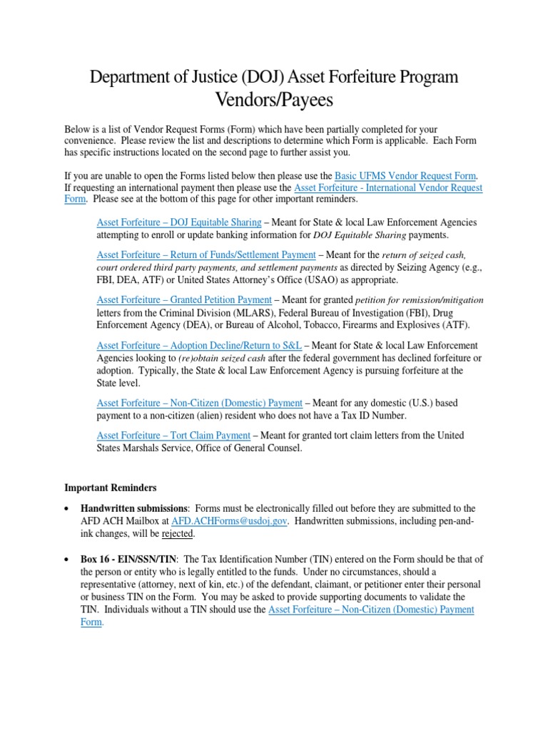 UFMS Vendor Request | PDF | United States Department Of Justice | Asset ...