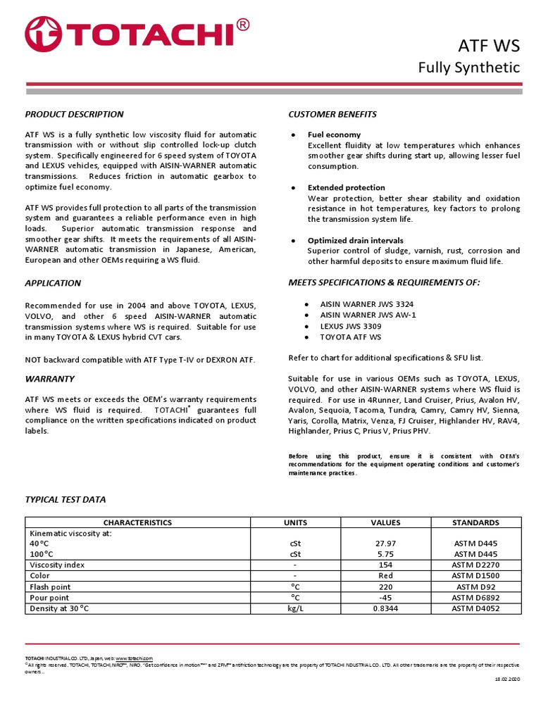 ATF Totachi - ATF-WS-1 | PDF | Automatic Transmission | Vehicle Technology