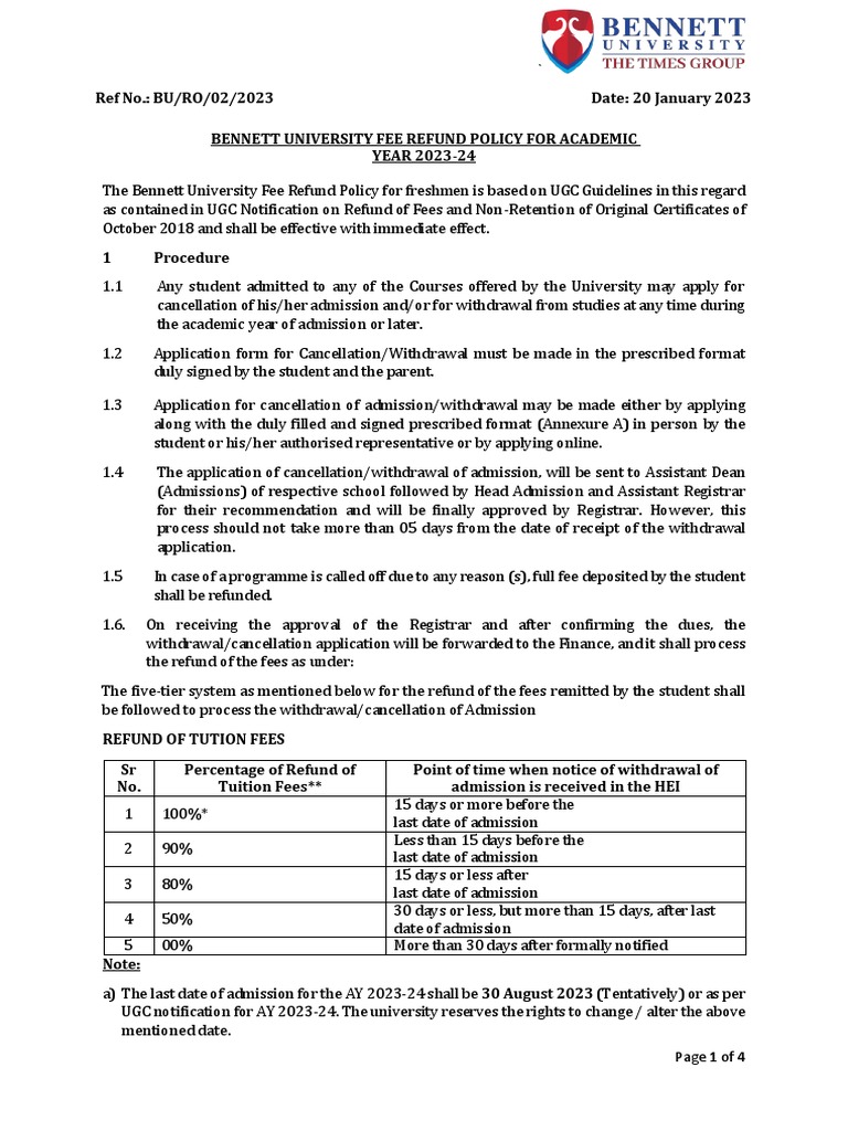 Bennett University Fee Refund Policy 2023-24 | PDF | Fee | Government