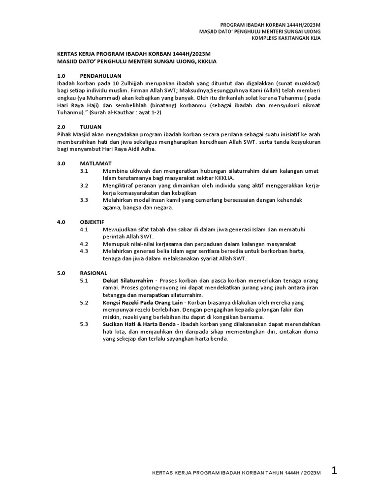 Kertas Kerja Program Korban Masjid Kkklia | PDF