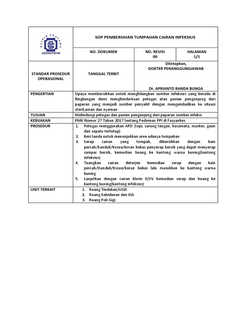 Sop Pembersihan Tumpahan Cairan Infeksius | PDF