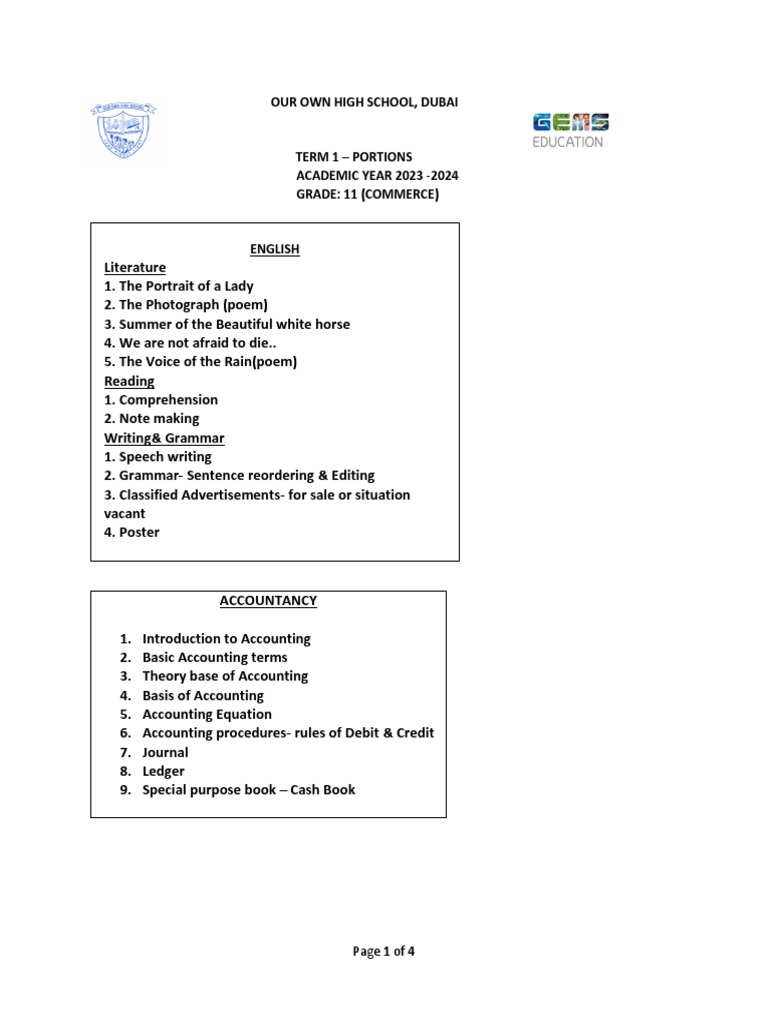 Grade 11 Commerce Portion - Term 1 | PDF