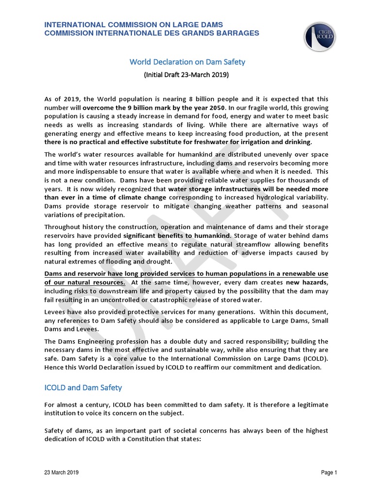 1-ICOLD_World-Declaration-on-Dam-Safety_draft | PDF | Dam | Reservoir