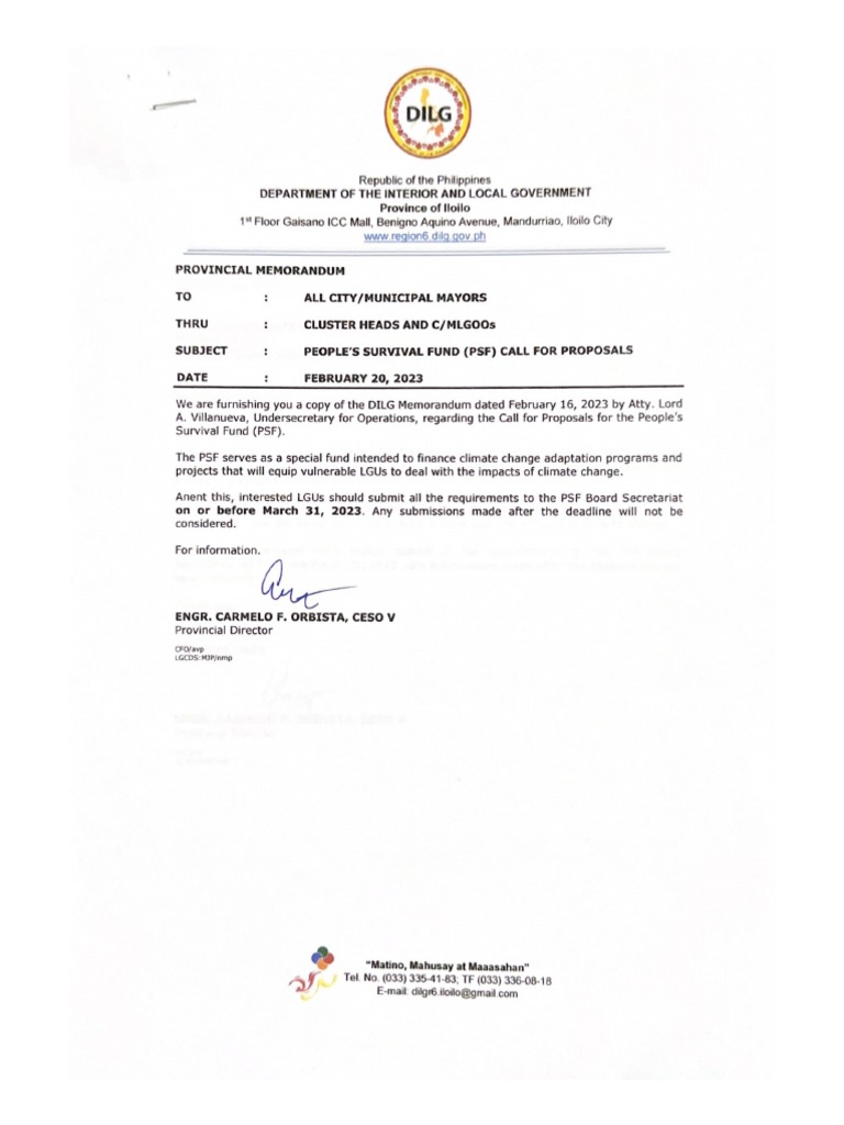 Provincial Memorandum Re Peoples Survival Fund Call For Proposals | PDF