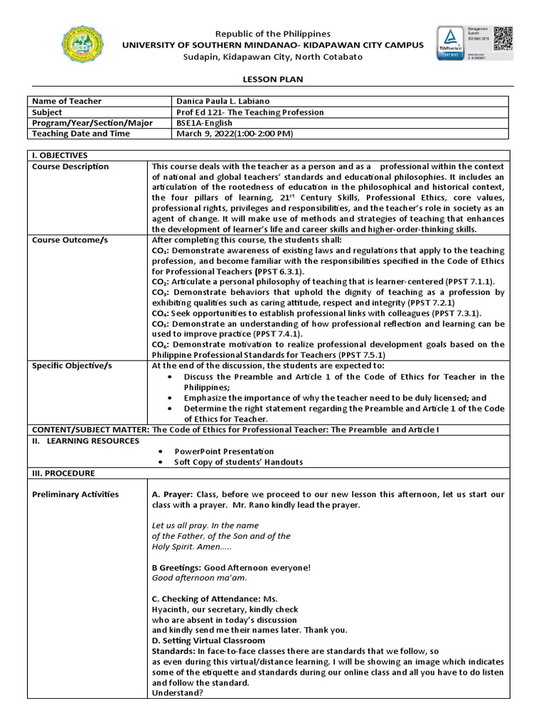 The Code of Ethics For Professional Teacher: The Preamble and Article I LESSON PLAN | PDF ...