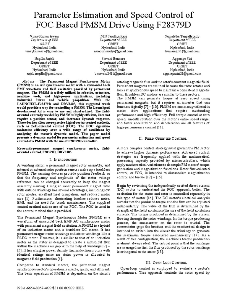 Parameter Estimation and Speed Control of FOC Based PMSM Drive Using F28379D | PDF