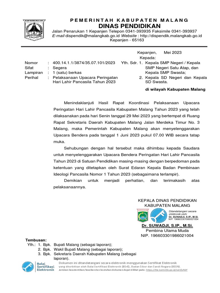 SURAT EDARAN UPACARA HARI LAHIR PANCASILA - Sign | PDF