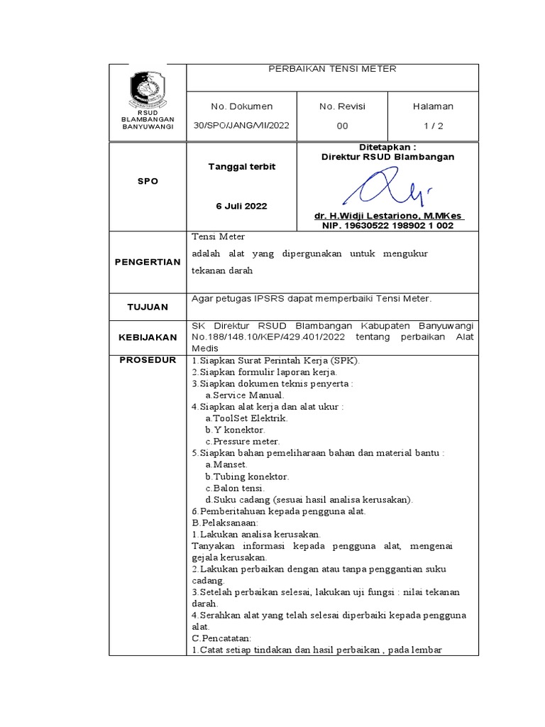 SOP Perbaikan Tensi Meter | PDF