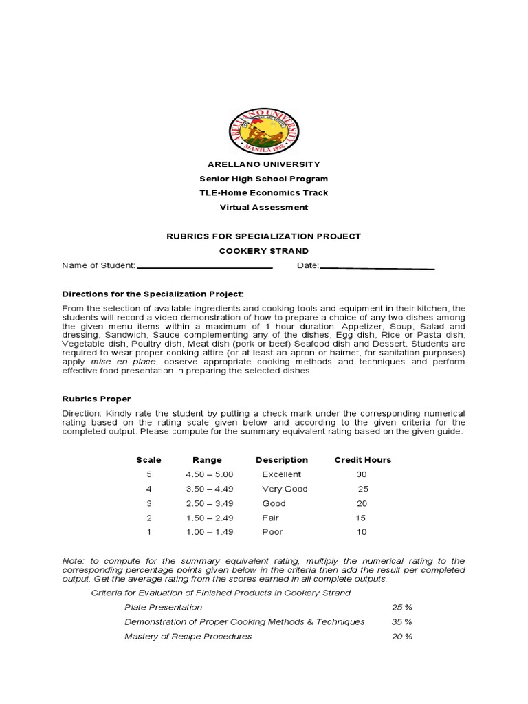 RUBRICS IN SPECIAL PROJECTS COOKERY 103 | PDF | Cooking | Recipe