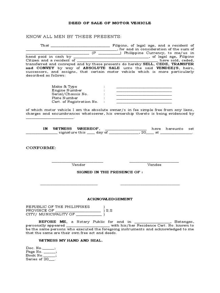 Deed of Sale of Motor Vehicle | PDF
