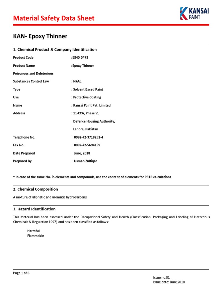 MSDS Kan Epoxy Thinner | Download Free PDF | Dangerous Goods | Firefighting