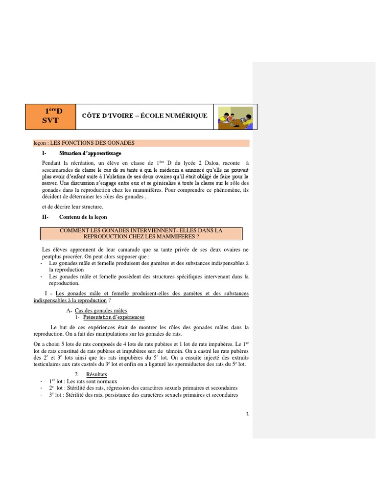 SVT 1ere D - L2 - Les Fonctions Des Gonades | PDF SVT 1ere D - L2 - Les Fonctions Des Gonades | PDF