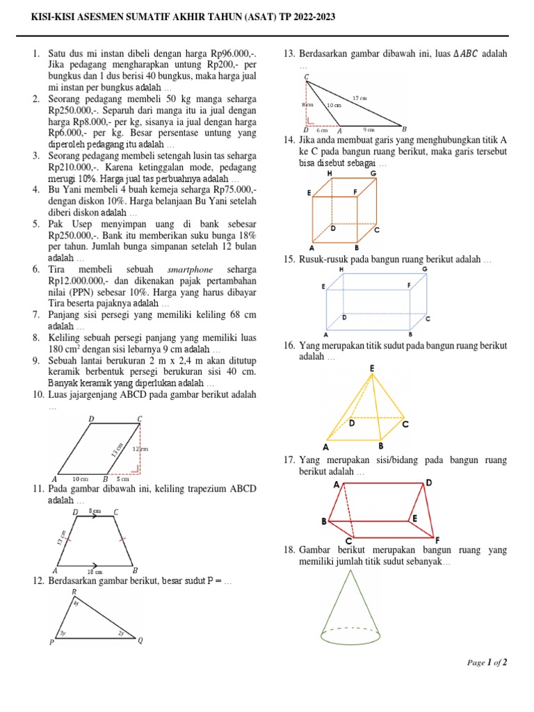 Kisi-Kisi Sat Matematika Kelas 7 TP.2022-2023 | PDF