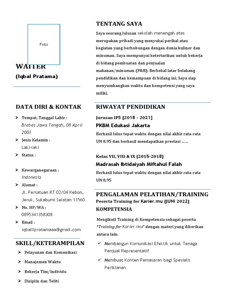 4 Curriculum Vitae (CV) Waiter-Waitress Lulusan SMA-SMK Untuk Fresh ...