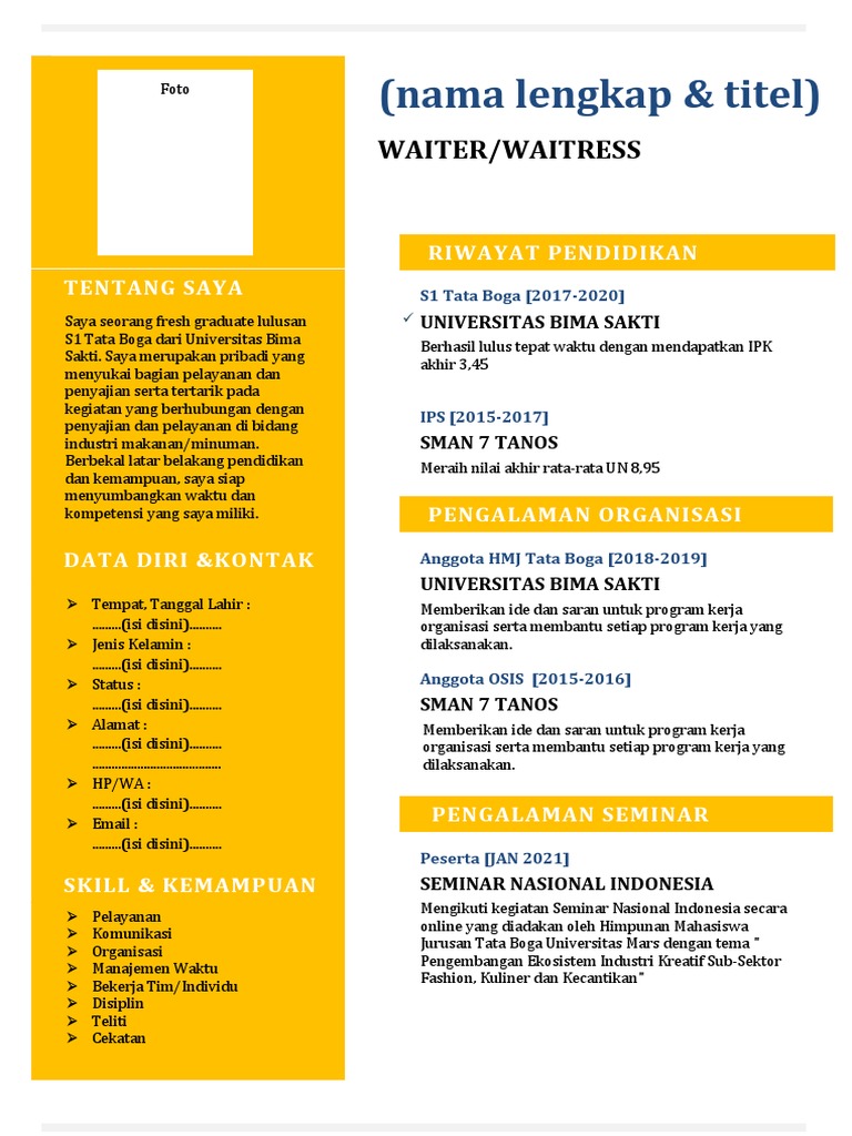 Contoh 3 Curriculum Vitae (CV) Waiter-Waitress Tanpa Pengalaman Kerja | PDF
