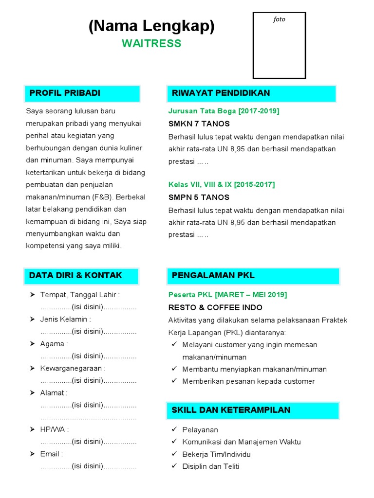 5 Curriculum Vitae (CV) Waiter-Waitress Lulusan SMA-SMK Yang Baru Pertama Kali Melamar Pekerjaan ...